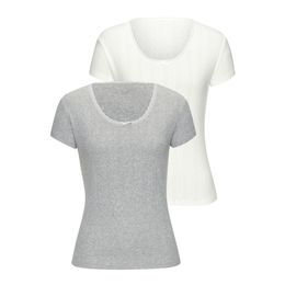 T-Shirt Vivance, Damen, Gr. 32/34, grau meliert, creme, Strick, Obermaterial: 100% Baumwolle, unifarben, körpernah, Rundhals, Shirts, aus weichem Pointelle-Strick mit Spitze