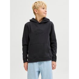 Jack & Jones Kapuzensweatshirt JACK & JONES JUNIOR "JORBLEECKER BRANDING SWEAT HOOD BF JNR", Jungen, Gr. 128, schwarz detail:org, angeraute Sweatware, Obermaterial: 70% Baumwolle, 30% Polyester, bedruckt, loose fit, Rundhals, Rippbündchen, Sweatshirts