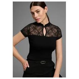 T-Shirt Melrose, Damen, Gr. 38, schwarz, Jersey, Obermaterial: 95% Viskose, 5% Elasthan. Spitze: 95% Polyester, 5% Elasthan, leicht transparent, tailliert hüftlang, Shirts, taillierte Passform, mit Stehkragen, aus Jersey und Spitze