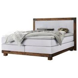 Boxspringbett Hasena "Chicago", weiß (weiß, akazie grau), B:178cm L:206cm, Komplettbetten, Boxspringbett, im Vintagelook mit Punktsteppung im Kopfteil, Massivholz-Umrandung