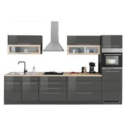 Küchenzeile KOCHSTATION "KS-Wien", grau (küche: grau, front: grau hochglanz, korpus: grafit, arbeitsplatte: eichefarben), B:340cm T:60cm, Komplettküchen-Sets, Küchenzeile, Breite 340 cm, wahlweise mit E-Geräten und Induktion