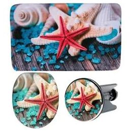 Badaccessoire-Set Sanilo "Bath Salts", bunt (rot, türkis), Polyester, Polyresin (Kunststein), Badaccessoires-Sets, bestehend aus WC-Sitz, Badteppich und Waschbeckenstöpsel