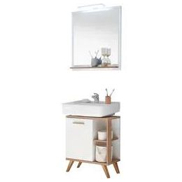 Badmöbel-Set SAPHIR "Quickset 2-teilig, Waschbeckenunterschrank mit LED-Spiegel", weiß (front weiß glanz, front weiß glanz, riviera eiche quer nb), B:60,5cm T:33cm, Glas, Spanplatte, Kastenmöbel-Sets, Waschplatz inkl. Türdämpfer, 60,5 cm breit, 1 Tür, seitliche Ablagen