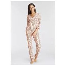Umstandspyjama Lascana, Damen, Gr. 32/34, beige (beige schwarz gepunktet), Obermaterial: 95% Baumwolle, 5% Elasthan, gepunktet, Basic schmal, V-Ausschnitt, Homewear-Sets, in Wickeloptik mit P&uuml;nktchenmuster
