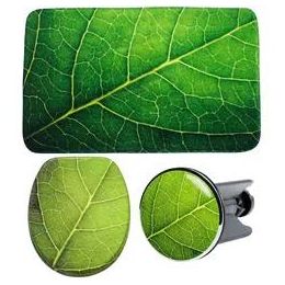 Badaccessoire-Set Sanilo "Blatt", grün, MDF, Polyester, Polyresin (Kunststein), Badaccessoires-Sets, bestehend aus WC-Sitz, Badteppich und Waschbeckenstöpsel