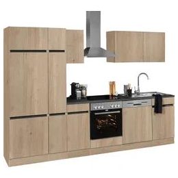 Küchenzeile Optifit "Roth", beige (küche: natur, front: wildeiche, korpus: wildeichefarben, arbeitsplatte: anthrazit), B:300cm H:206,8cm T:60cm, Komplettküchen-Sets, Breite 300 cm, wahlweise mit E-Geräten, mit Apothekerschrank