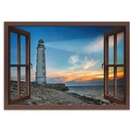 Alu-Dibond-Druck Artland "Fensterblick Leuchtturm", braun (farbe bild(er): braun), B:70cm H:50cm, Alu Dibond, Bilder, für Innen- und Außenbereich geeignet, Outdoorbild