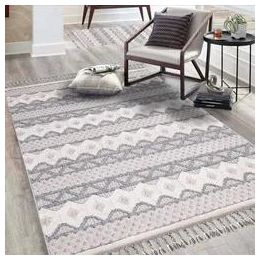 Hochflor-Teppich Carpet City "Valencia 728", blau (graublau), B:200cm H:20mm L:290cm, Polypropylen, Teppiche, Fransenteppich, L&auml;ufer, Boho-Stil, 3D-Effekt, Relief, Hoch-Tief-Struktur, mit Fransen