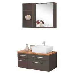 Badmöbel-Set Welltime "Davos", grau (grafit, grau), Becken rechts, Kastenmöbel-Sets, mit 2 Touch-LED-Einbauleuchten