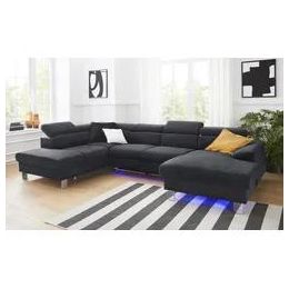 Wohnlandschaft COTTA "Komaris U-Form, B: 320 cm", grau (lava), B:320cm, Microfaser PRIMABELLE (100% Polyester);Kunstleder SOFTLUX;Feinstruktur (100% Polyester);Kunstleder SOFTLUX/Struktur (100% Polyester);NaturLEDER, Sofas, mit Kopfteilverstellung, optional Bettfunktion, Bettkasten & Licht