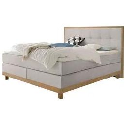 Boxspringbett Hasena "Chalet", grau (grau, eiche bianco), B:188cm L:205cm, Komplettbetten, Boxspringbett, Boxspringbett, Kopfteil in massiver Eiche, Eichenrahmen mit Füssen