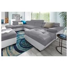 Wohnlandschaft COTTA "Speedway U-Form", grau (hellgrau, dunkelgrau), B:332cm H:79cm T:102cm, Kunstleder SOFTLUX / Luxus-Microfaser (100% Polyester);Flachgewebe (100% Polyester) / Struktur fein ( 100% Polyester);Kunstleder SOFTLUX / Struktur (100% Polyester), Sofas, mit Kopfteilverstellung, wahlweise mit Bettfunktion & Bettkasten