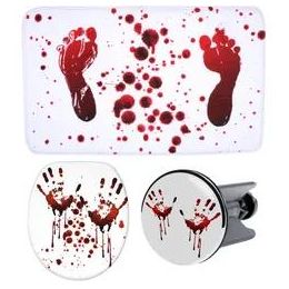 Badaccessoire-Set Sanilo "Blood", weiß (weiß, rot), MDF, Polyester, Polyresin (Kunststein), Badaccessoires-Sets, bestehend aus WC-Sitz, Badteppich und Waschbeckenstöpsel