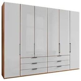 Falttürenschrank Wiemann "Monaco, Kleiderschrank, Schrank, Wäscheschrank, mit edler Glasfront", braun (bianco, eiche, nachbildung, glas weiß), B:295,3cm H:216cm T:58cm, Floatglas, Holzwerkstoff, Schränke, Kleiderschrank Drehtürenschrank, inkl. gepämpften Schubkästen und Türen, mit Panoramaöffnung