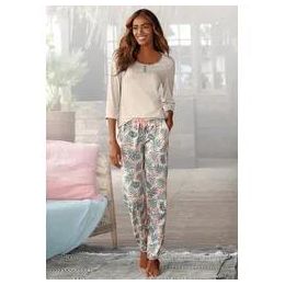 Pyjama Lascana, Damen, Gr. 40/42, beige (sand, bedruckt), Single Jersey, Obermaterial: 100% Baumwolle, bedruckt, Basic lang, Rundhals, eingesetzt,mit Aufschlag,mit Riegel, Homewear-Sets, mit gemusterter Hose