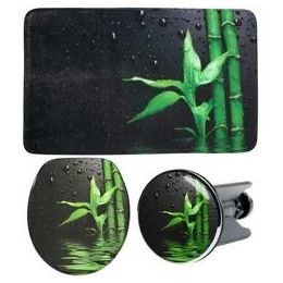 Badaccessoire-Set Sanilo "Virella", schwarz (schwarz, grün), Kunststoff, MDF, Polyester, Badaccessoires-Sets, bestehend aus WC-Sitz, Badteppich und Waschbeckenstöpsel