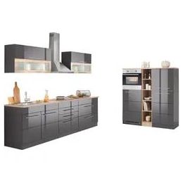 Küchenzeile KOCHSTATION "KS-Wien", grau (küche: grau, front: grau hochglanz, korpus: grafit, arbeitsplatte: eichefarben), B:430cm T:60cm, Komplettküchen-Sets, Küchenzeile, Breite 430 cm, wahlweise mit E-Geräten und Induktion