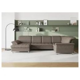 Wohnlandschaft DOMO collection "Franzi optional mit Bettfunktion, Bettkasten & Kopfteilverstellung", beige (beige, braun), B:344cm H:81cm T:206cm, Flachgewebe (100% Polyester);Chenille (100% Polyester), Sofas, U-Form, Recamiere links, beige-braun, B/T: 344/206 cm, Topseller