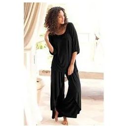 Pyjama Lascana, Damen, Gr. 40/42, schwarz, Single Jersey, Obermaterial: 100% Viskose, unifarben, loose fit lang, tiefer Rundhals, Raglanärmel elastischer Bund mit innenliegendem Gummizug, Homewear-Sets, Hose in edler Layeroptik