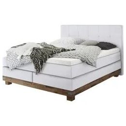 Boxspringbett Hasena "Boston", weiß (weiß, akazie grau), B:168cm L:210cm, Komplettbetten, Boxspringbett, Massivholz-Sockel, Punktsteppung im Kopfteil, Federkernmatratze
