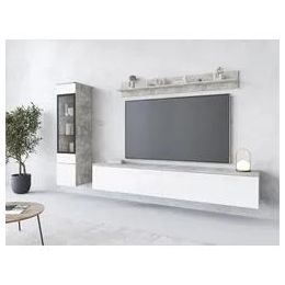 Wohnwand Inosign "VERA I, Vitrinen Türanschlag links/rechts wechselbar", grau (beton smart, weiß hochglanz), B:230cm H:130cm T:33cm, Kastenmöbel-Sets, Vitrine mit Verglasung, stehend und hängend, Türanschlag wechselbar