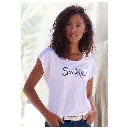 Beach Time T-Shirt BEACHTIME "mit Frontdruck "Smile"", Damen, Gr. 32/34, weiß, Obermaterial: 100% Baumwolle, bedruckt, bequem normal, Rundhals, mit Aufschlag, Shirts, aus weicher Baumwoll-Qualität, Topseller