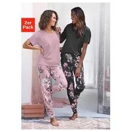 Pyjama Vivance DREAMS, Damen, Gr. 36/38, schwarz (mauve, schwarz), Single Jersey, Obermaterial: 100% Baumwolle, geblümt, gemustert, mehrfarbig, Basic, Basic lang, Rundhals, angeschnitten abgesteppte Kante, Homewear-Sets, mit Blumendruck