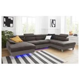 Wohnlandschaft COTTA "Komaris U-Form, B: 320 cm", braun (mud, braun), B:320cm, Microfaser PRIMABELLE (100% Polyester);Kunstleder SOFTLUX;Feinstruktur (100% Polyester);Kunstleder SOFTLUX/Struktur (100% Polyester);NaturLEDER, Sofas, mit Kopfteilverstellung, optional Bettfunktion, Bettkasten & Licht