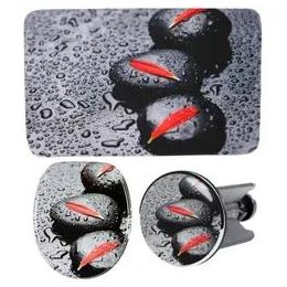 Badaccessoire-Set Sanilo "Elegance", schwarz (schwarz, grau), Kunststoff, MDF, Polyester, Badaccessoires-Sets, bestehend aus WC-Sitz, Badteppich und Waschbeckenstöpsel