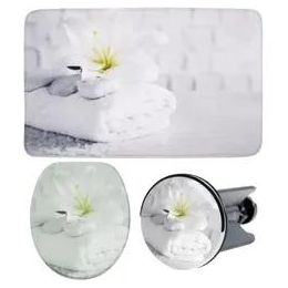Badaccessoire-Set Sanilo "Good Feeling", weiß, Kunststoff, MDF, Polyester, Badaccessoires-Sets, bestehend aus WC-Sitz, Badteppich und Waschbeckenstöpsel