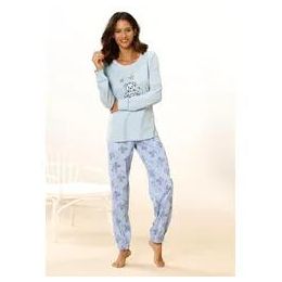 Pyjama Vivance DREAMS, Damen, Gr. 40/42, blau (hellblau), Single Jersey, Obermaterial: 100% Baumwolle, bequem lang, Rundhals, Rippb&uuml;ndchen, Homewear-Sets Pyjama, mit s&uuml;&szlig;em B&auml;rchendruck