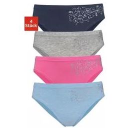 Bikinislip Petite Fleur, M&auml;dchen, Gr. 158/164, 4 Stk., bunt (blau, meliert, pink, marine, grau, meliert), Single Jersey, Obermaterial: 95% Baumwolle, 5% Elasthan, Glitzermuster, k&ouml;rpernah, Unterhosen, sch&ouml;ner Basic f&uuml;r jeden Tag, mit floralem Glitzerdruck