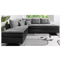 Ecksofa Inosign "Night & Day L-Form, B: 304 cm", schwarz (schwarz, grau), B:304cm H:98cm T:223cm, Luxus-Kunstleder / grobe Struktur (80% Polyester / 20% Polyacryl);Unterseite Topper: Bezug der Spiegelfläche aus Matratzendrell (100% Polyester);Struktur fein ( 100% Polyester );Struktur grob (80% Polyester, 20% Polyacryl), Sofas, mit Bettfunktion, Bettkasten & 3 Zierkissen, Boxspringbett 164x200 cm