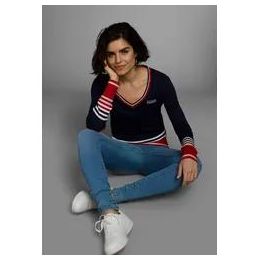 V-Ausschnitt-Pullover Kangaroos, Damen, Gr. 52/54 (XXL), blau (marine, rot), Feinstrick, Obermaterial: 50% Baumwolle, 50% Polyacryl, gestreift, Casual, Basic hüftbedeckend, V-Ausschnitt, Strickbündchen, Pullover Feinstrickpullover Strickpullover Pullover V-Pullover, im tollen Streifen-Farb-Mix