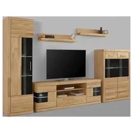 Wohnwand Home Affaire "Ribe Wohnwand Set-5 St.", braun (eiche teilmassiv), Holzwerkstoff eichefarben (Korpus) / Massivholz Eiche (Front), Kastenmöbel-Sets, Glaseinsatz aus gehärtetem Glas,Böden teilweise versetzbar, Topseller