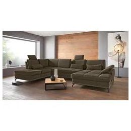 Wohnlandschaft Places of Style "Costello U-Form, B: 363 cm mit Sitztiefen-, Armteilverstellung &", grün (olive), B:363cm H:89cm T:223cm, 100% Polyester;Samtoptik (100% Polyester), Sofas, 3 Nierenkissen, optional Bettfunktion & Bettkasten
