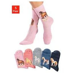 H.I.S. Socken H.I.S, Kinder, Gr. 39-42, bunt (1x hellrosa, meliert, 1x lachs, meliert, 1x hellgrau, meliert, 1x jeans, meliert, 1x dunkel jeans, meliert), Baumwollmischung, uni und gemustert, elastisch, Socken Socken, Mit unterschiedlichen Pferdemotiven