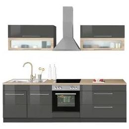 Küchenzeile KOCHSTATION "KS-Wien", grau (küche: grau, front: grau hochglanz, korpus: grafit, arbeitsplatte: eichefarben), B:260cm T:60cm, Komplettküchen-Sets, Küchenzeile, Breite 260 cm, wahlweise mit E-Geräten