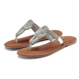 Zehentrenner Lascana "Sandale, Pantolette, Sommerschuh", Damen, Gr. 36, silber (silberfarben), Obermaterial: 50% Synthetik, 50% Textilmaterial. Futter: 100% Schafsleder. Decksohle: 100% Ziegenleder. Laufsohle: 100% Synthetik, Glitzer, Schuhe Zehentrenner Dianette Sommerschuh, mit Zierperlen und softer Lederinnensohle