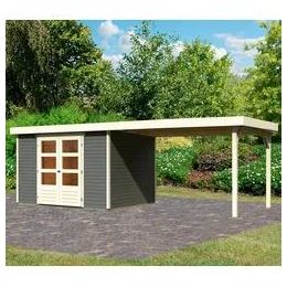 Gartenhaus Karibu ""Arnis 5" SET anthrazit mit Anbaudach 2,80 m Breite", grau (terragrau, elfenbeinfarben), ohne Fußboden, ohne Rück- und Seitenwand, ohne Dacheindeckung, Holzwerkstoff, Gartenhäuser, aus hochwertiger nordischer Fichte