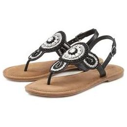 Zehentrenner Lascana "Sandalette, Sommerschuh, offener Schuh", Damen, Gr. 35, schwarz, Obermaterial: 80% Synthetik, 20% Schafsleder. Decksohle: 100% Ziegenleder. Futter: 100% Schafsleder. Laufsohle: 100% Synthetik, bestickt, Schuhe Zehentrenner, Sandale, Pantolette in Glitzer-Optik und softer Lederinnensohle