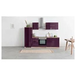 Küchenzeile KOCHSTATION "KS-Samos", lila (küche: lila, front: aubergine hochglanz, korpus: eiche sonoma, arbeitsplatte: eiche sonoma), B:270cm H:200cm T:60cm, Komplettküchen-Sets, Küchenzeile, Breite 270 cm, wahlweise mit E-Geräten, mit Arbeitsplatte