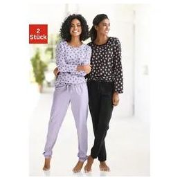 Pyjama Vivance DREAMS, Damen, Gr. 48/50, lila (flieder, schwarz), Single Jersey, Obermaterial: 100% Baumwolle, Basic, Basic lang, Rundhals, eingesetzt, Homewear-Sets, mit Sternenmuster