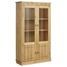 Vitrine Home Affaire "Indra", beige (natur), B:85,4cm H:145cm T:32cm, Massivholz, Schränke, aus massiver Kiefer, FSC, Höhe 145 cm, dezentes Ornament