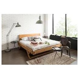 Massivholzbett Salesfever "Eik: Elegantes Massivholzbett", beige (natur), B:158cm H:90cm L:218cm, 100% Fichtenholz massiv, Betten, Tradition trifft Moderne: Unikates Balkenbett mit Y-Füßen