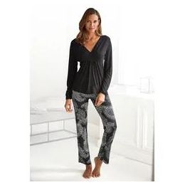 Pyjama Vivance DREAMS, Damen, Gr. 44/46, schwarz-weiß (schwarz, weiß, gemustert), Single Jersey, Obermaterial: 100% Viskose, Paisley, gemustert, Basic lang, tiefer V-Ausschnitt, eingesetzt, Homewear-Sets, im schwarz-weißen Paisley-Dessin