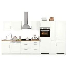 Küchenzeile KOCHSTATION "KS-Stockholm", weiß (küche: weiß, korpus: weiß, arbeitsplatte: eichefarben), B:370cm T:60cm, Komplettküchen-Sets, Küchenzeile, Breite 370 cm, mit hochwertigen MDF Fronten im Landhaus-Stil
