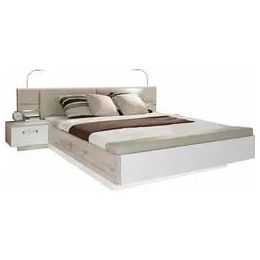 Schlafzimmer-Set FORTE "Rondino, Bett + 2 Nachttische+ LED, gepolstertes Kunstleder Kopfteil", bunt (sandeichefarben, weiß hochglanz), B:286cm H:92cm T:237cm, Holzwerkstoff, Schlafzimmermöbel-Sets, Bettgestell, Hochglanz mit Sandeiche, wahlweise mit Bettbank, Topseller
