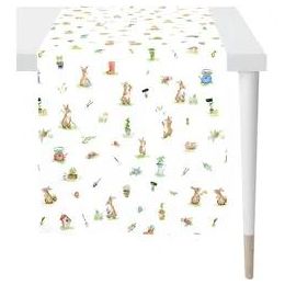 Tischläufer Apelt "6812 HAPPY EASTER, Osterdeko, Ostern", bunt (weiß, bunt), B:42cm L:140cm, Baumwolle, Polyester, Tischdecken, Digitaldruck, modisches Design mit verspielten Häschen im Garten