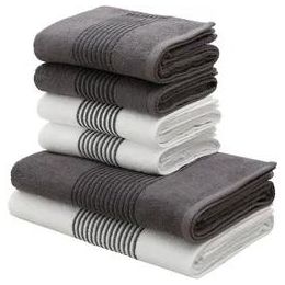 Handtuch Set Bruno Banani "Jassen, Duschtücher, Handtücher", grau (weiß, anthrazit), 6, Walkfrottee, Obermaterial: 100% Baumwolle, Handtuch-Sets, mit gestreifter Bordüre, 6 teiliges Handtücher Set aus 100% Baumwolle